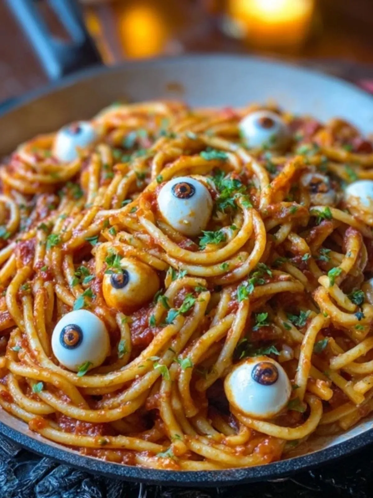 Bloody Spaghetti with Mozzarella Eyeballs